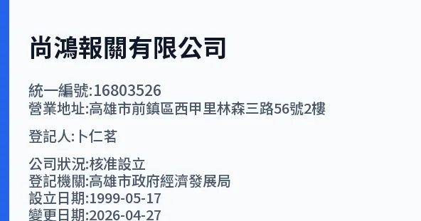 尚鴻報關有限公司的照片-統編 16803526(高雄市) 公司登記資料與營業項目詳細圖表