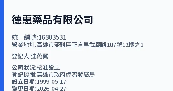 德惠藥品有限公司的照片-統編 16803531(高雄市) 公司登記資料與營業項目詳細圖表