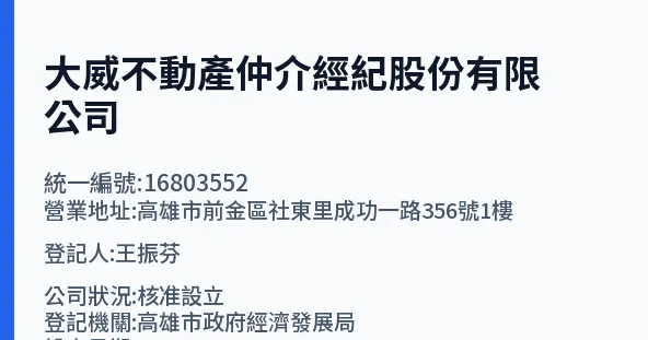 大威不動產仲介經紀股份有限公司的照片-統編 16803552(高雄市) 公司登記資料與營業項目詳細圖表