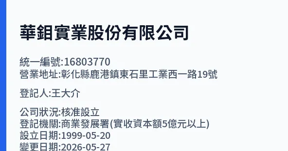 華鉬實業股份有限公司的照片-統編 16803770(彰化縣) 公司登記資料與營業項目詳細圖表