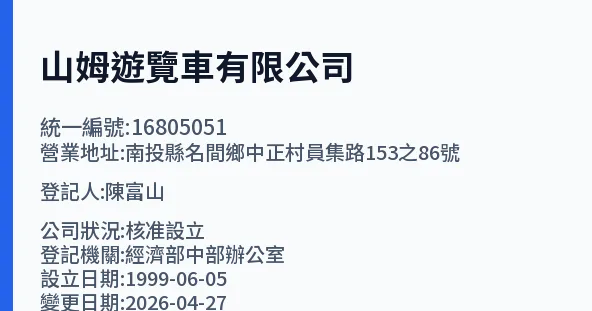 山姆遊覽車有限公司的照片-統編 16805051(南投縣) 公司登記資料與營業項目詳細圖表