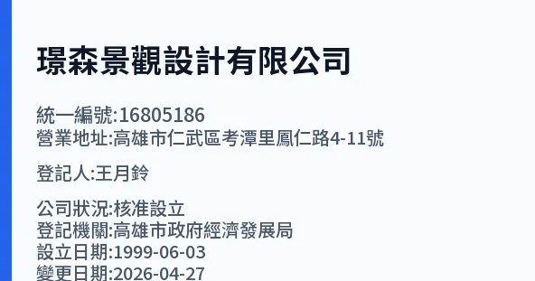 璟森景觀設計有限公司的照片-統編 16805186(高雄市) 公司登記資料與營業項目詳細圖表