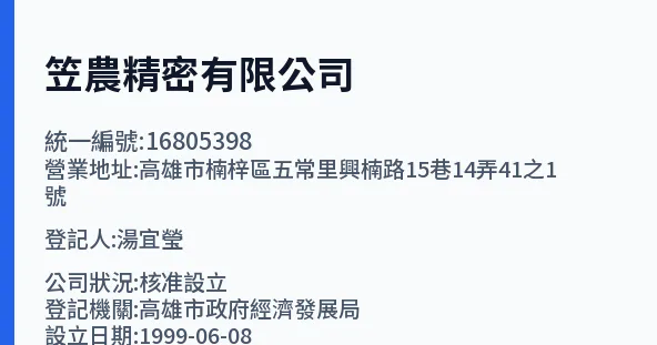 笠農精密有限公司的照片-統編 16805398(高雄市) 公司登記資料與營業項目詳細圖表