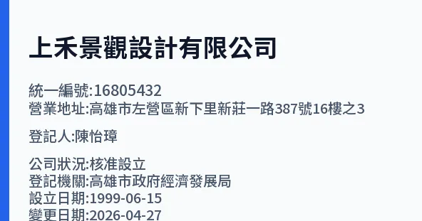 上禾景觀設計有限公司的照片-統編 16805432(高雄市) 公司登記資料與營業項目詳細圖表