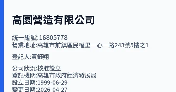 高園營造有限公司的照片-統編 16805778(高雄市) 公司登記資料與營業項目詳細圖表