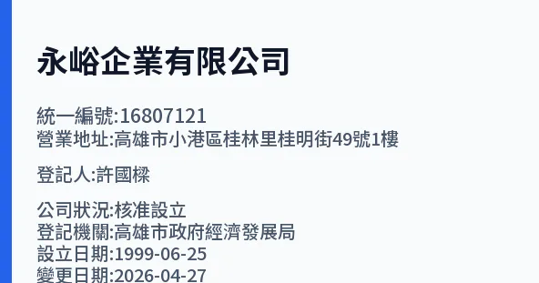 永峪企業有限公司的照片-統編 16807121(高雄市) 公司登記資料與營業項目詳細圖表