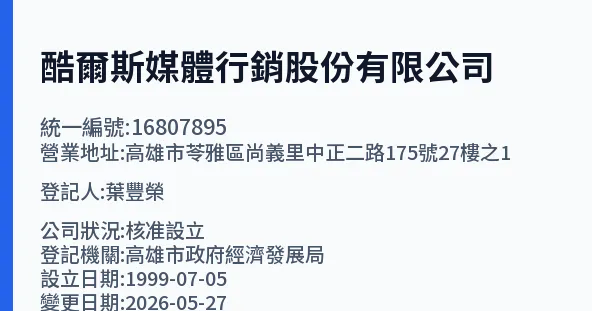 酷爾斯媒體行銷股份有限公司的照片-統編 16807895(高雄市) 公司登記資料與營業項目詳細圖表