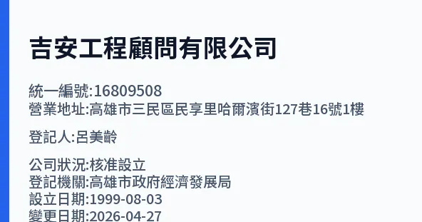 吉安工程顧問有限公司的照片-統編 16809508(高雄市) 公司登記資料與營業項目詳細圖表