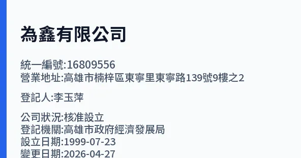 為鑫有限公司的照片-統編 16809556(高雄市) 公司登記資料與營業項目詳細圖表