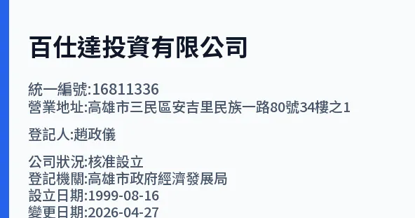 百仕達投資有限公司的照片-統編 16811336(高雄市) 公司登記資料與營業項目詳細圖表