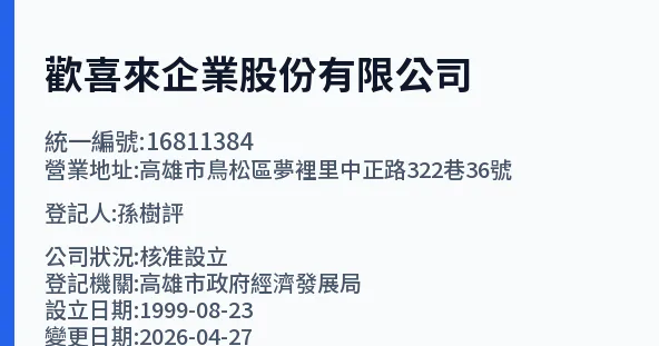 歡喜來企業股份有限公司的照片-統編 16811384(高雄市) 公司登記資料與營業項目詳細圖表