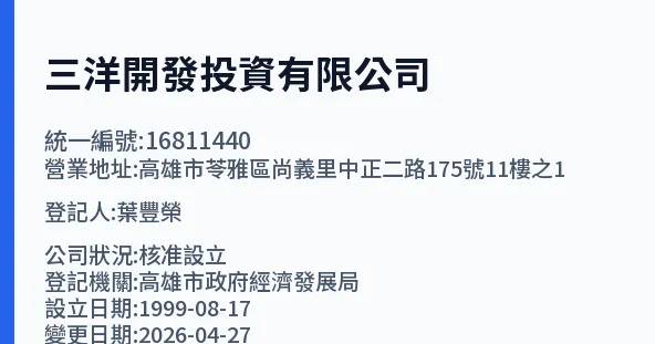 三洋開發投資有限公司的照片-統編 16811440(高雄市) 公司登記資料與營業項目詳細圖表