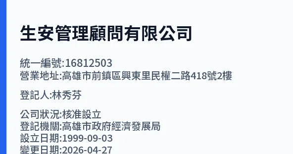 生安管理顧問有限公司的照片-統編 16812503(高雄市) 公司登記資料與營業項目詳細圖表