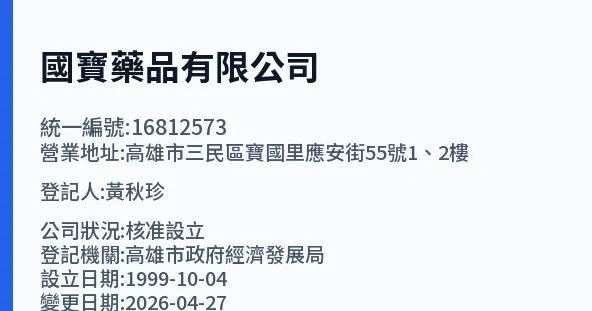 國寶藥品有限公司的照片-統編 16812573(高雄市) 公司登記資料與營業項目詳細圖表