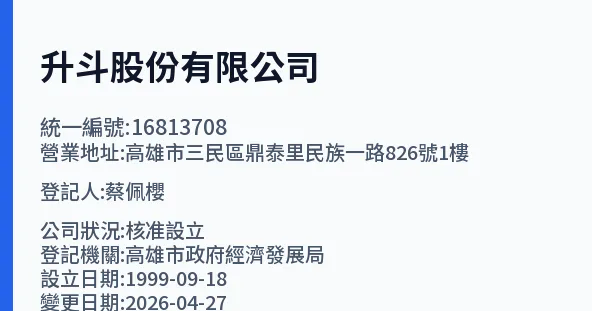 升斗股份有限公司的照片-統編 16813708(高雄市) 公司登記資料與營業項目詳細圖表
