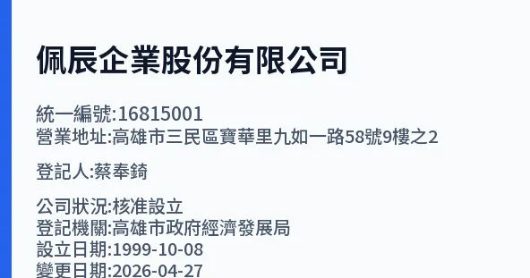 佩辰企業股份有限公司的照片-統編 16815001(高雄市) 公司登記資料與營業項目詳細圖表