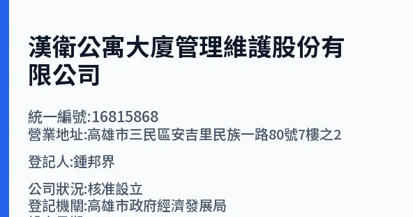 漢衛公寓大廈管理維護股份有限公司的照片-統編 16815868(高雄市) 公司登記資料與營業項目詳細圖表