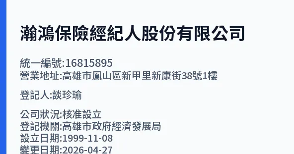 瀚鴻保險經紀人股份有限公司的照片-統編 16815895(高雄市) 公司登記資料與營業項目詳細圖表