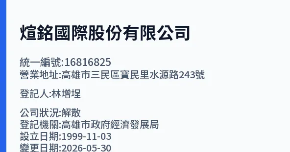 煊銘國際股份有限公司的照片-統編 16816825(高雄市) 公司登記資料與營業項目詳細圖表