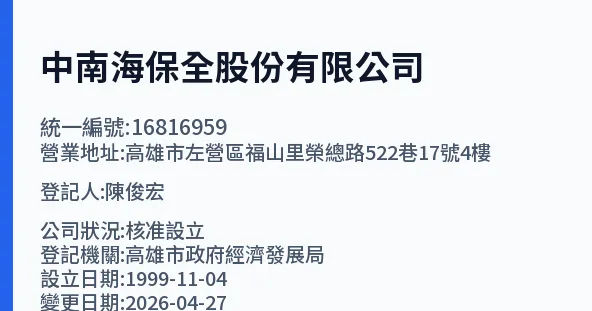 中南海保全股份有限公司的照片-統編 16816959(高雄市) 公司登記資料與營業項目詳細圖表