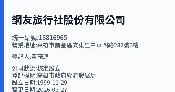 鋼友旅行社股份有限公司的照片-統編 16816965(高雄市) 公司登記資料與營業項目詳細圖表