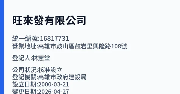 旺來發有限公司的照片-統編 16817731(高雄市) 公司登記資料與營業項目詳細圖表