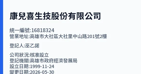 康兒喜生技股份有限公司的照片-統編 16818324(高雄市) 公司登記資料與營業項目詳細圖表