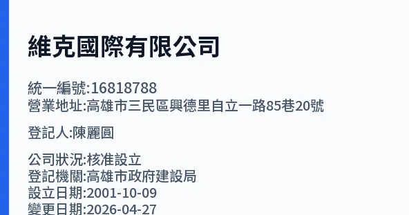 維克國際有限公司的照片-統編 16818788(高雄市) 公司登記資料與營業項目詳細圖表