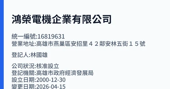 鴻榮電機企業有限公司的照片-統編 16819631(高雄市) 公司登記資料與營業項目詳細圖表