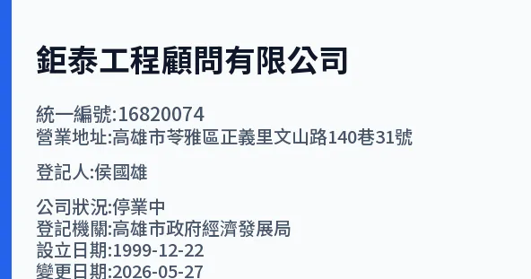 鉅泰工程顧問有限公司的照片-統編 16820074(高雄市) 公司登記資料與營業項目詳細圖表