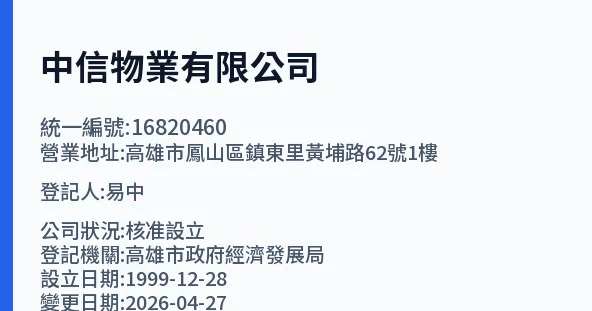 中信物業有限公司的照片-統編 16820460(高雄市) 公司登記資料與營業項目詳細圖表