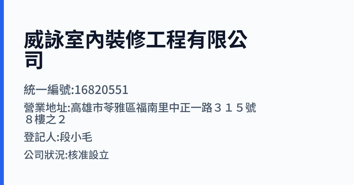 威詠室內裝修工程有限公司 - 統編 16820551(高雄市) 公司登記資料與營業項目詳細圖表