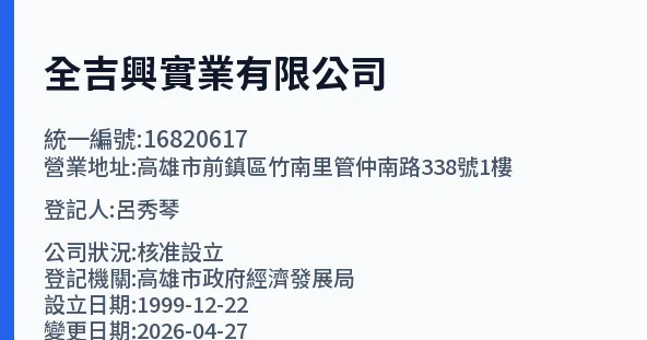 全吉興實業有限公司的照片-統編 16820617(高雄市) 公司登記資料與營業項目詳細圖表
