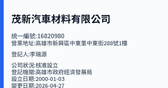 茂新汽車材料有限公司的照片-統編 16820980(高雄市) 公司登記資料與營業項目詳細圖表