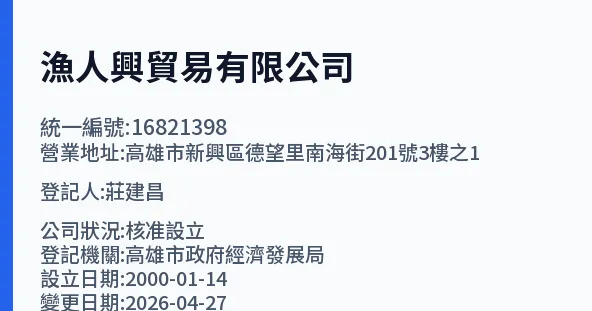 漁人興貿易有限公司的照片-統編 16821398(高雄市) 公司登記資料與營業項目詳細圖表