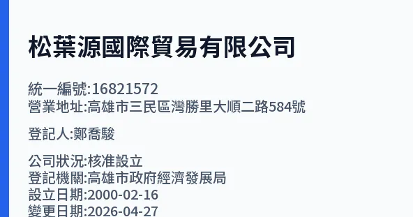 松葉源國際貿易有限公司的照片-統編 16821572(高雄市) 公司登記資料與營業項目詳細圖表
