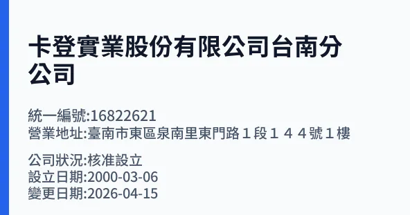 卡登實業股份有限公司台南分公司的照片-統編 16822621(臺南市) 公司登記資料與營業項目詳細圖表