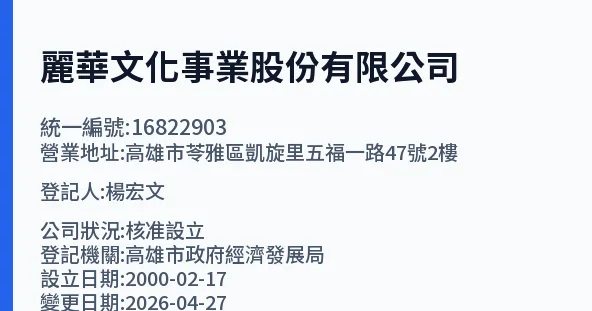 麗華文化事業股份有限公司的照片-統編 16822903(高雄市) 公司登記資料與營業項目詳細圖表