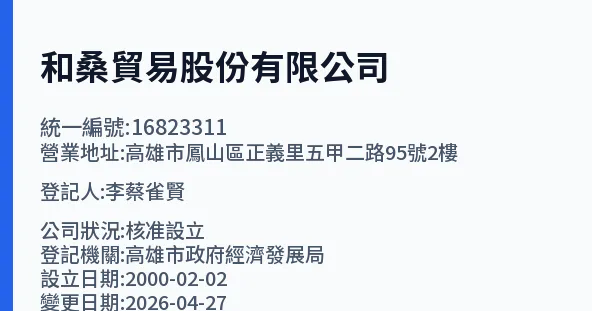 和桑貿易股份有限公司的照片-統編 16823311(高雄市) 公司登記資料與營業項目詳細圖表