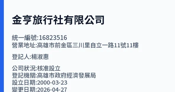金亨旅行社有限公司的照片-統編 16823516(高雄市) 公司登記資料與營業項目詳細圖表