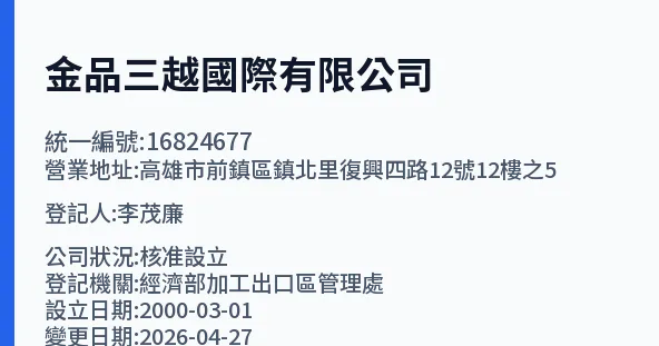 金品三越國際有限公司的照片-統編 16824677(高雄市) 公司登記資料與營業項目詳細圖表