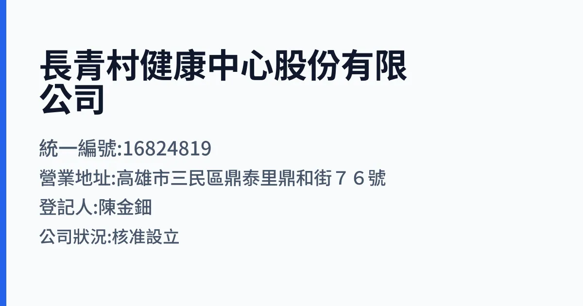 長青村健康中心股份有限公司 - 統編 16824819(高雄市) 公司登記資料與營業項目詳細圖表