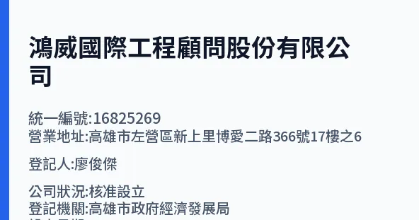 鴻威國際工程顧問股份有限公司的照片-統編 16825269(高雄市) 公司登記資料與營業項目詳細圖表