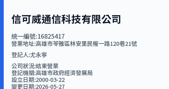 信可威通信科技有限公司的照片-統編 16825417(高雄市) 公司登記資料與營業項目詳細圖表