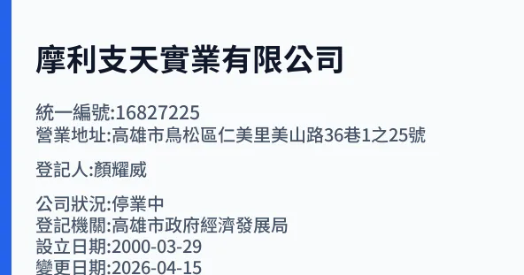 摩利支天實業有限公司的照片-統編 16827225(高雄市) 公司登記資料與營業項目詳細圖表