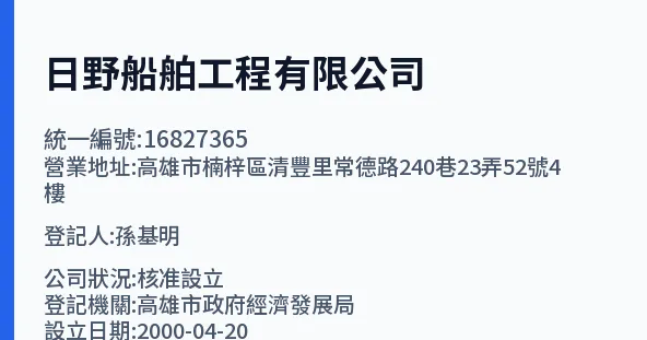 日野船舶工程有限公司的照片-統編 16827365(高雄市) 公司登記資料與營業項目詳細圖表