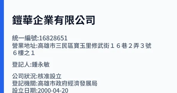 鎧華企業有限公司的照片-統編 16828651(高雄市) 公司登記資料與營業項目詳細圖表