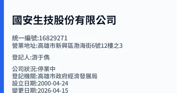 國安生技股份有限公司的照片-統編 16829271(高雄市) 公司登記資料與營業項目詳細圖表