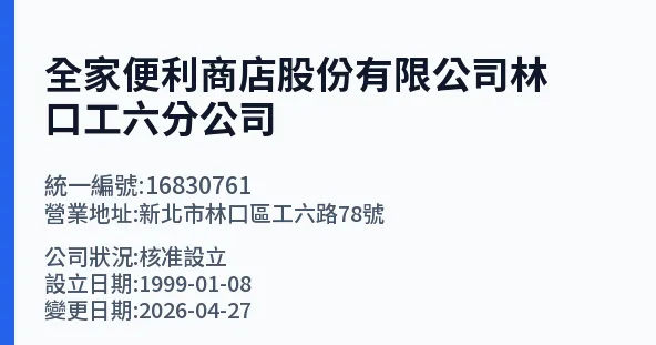 全家便利商店股份有限公司林口工六分公司的照片-統編 16830761(新北市) 公司登記資料與營業項目詳細圖表