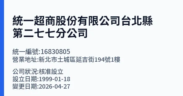 統一超商股份有限公司台北縣第二七七分公司的照片-統編 16830805(新北市) 公司登記資料與營業項目詳細圖表